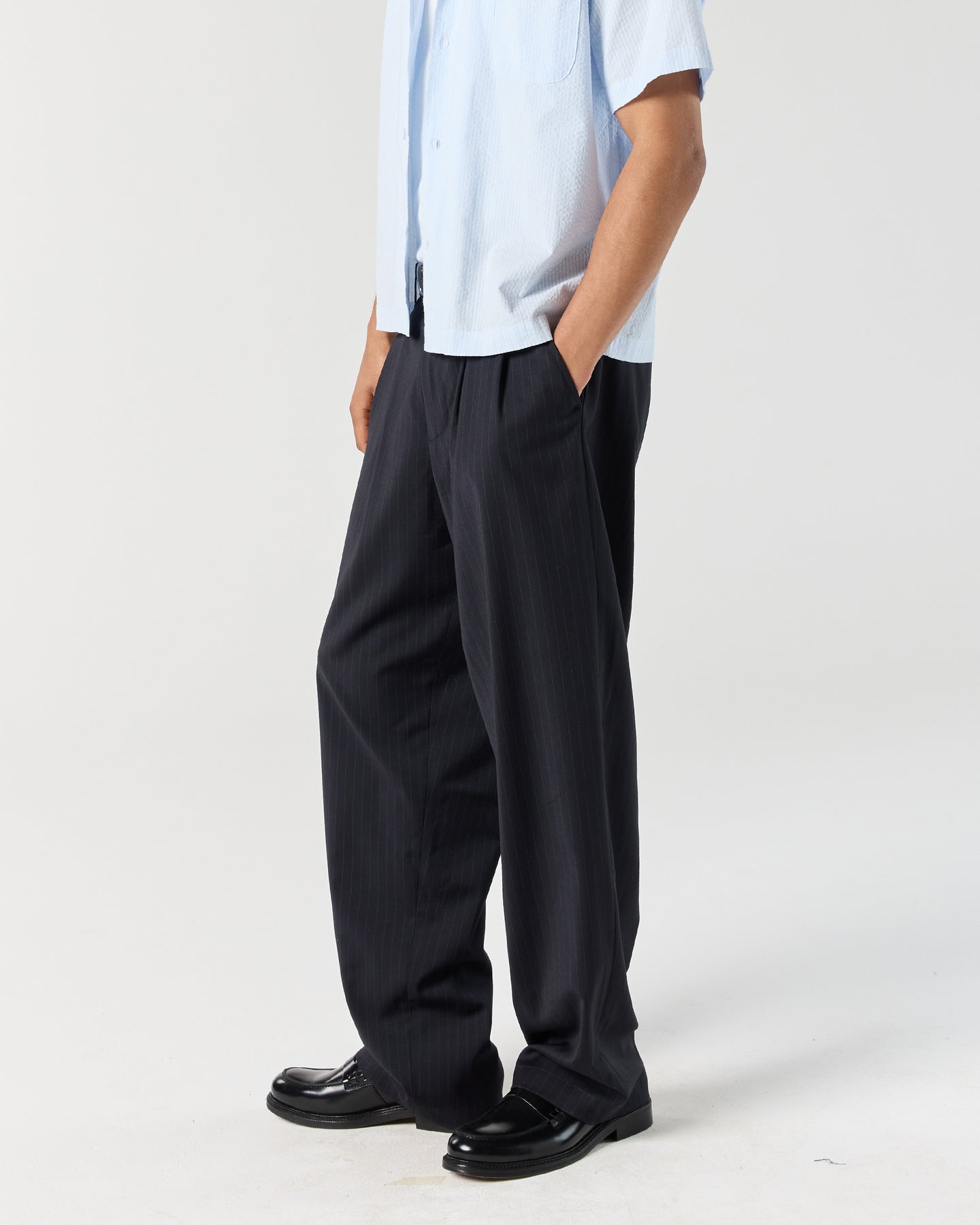 Wide Pleated Pant - Navy Pinstripe | RONNING, Everyday Uniform